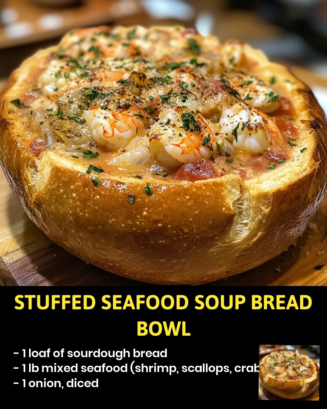 👉StuffedSeafood Soup BreadBowl – Recipes on a Budget